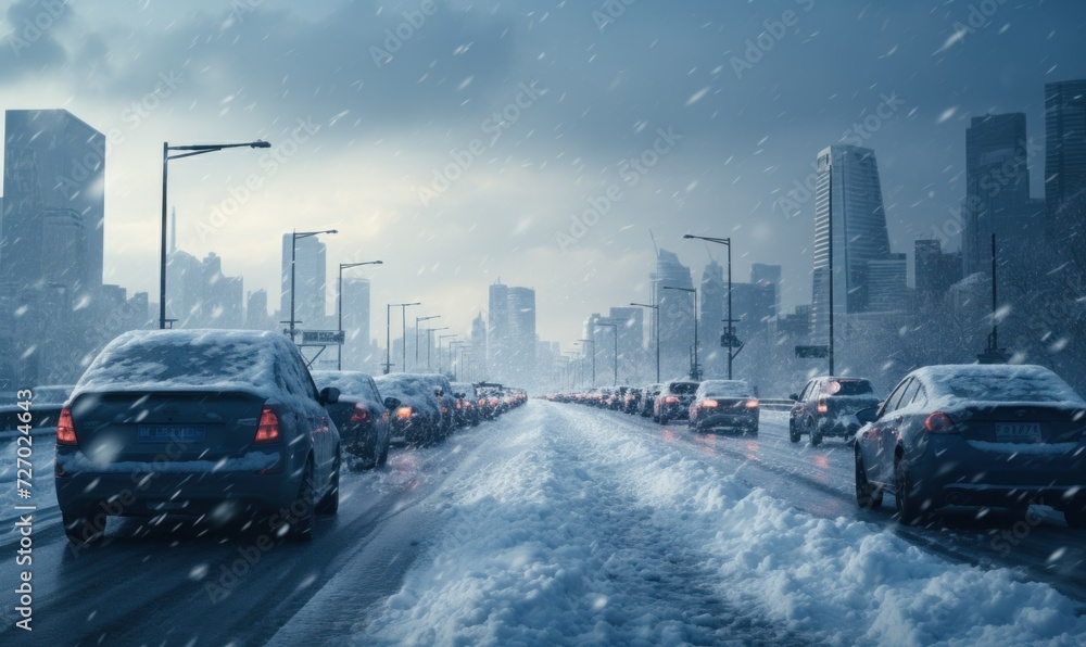 rush hour, city during heavy snowfall, snowstorm shackled streets ...