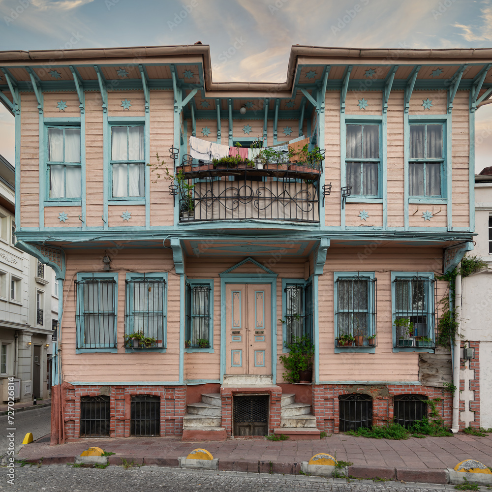 Colorful wooden house with balconies, located in the Fatih district of ...