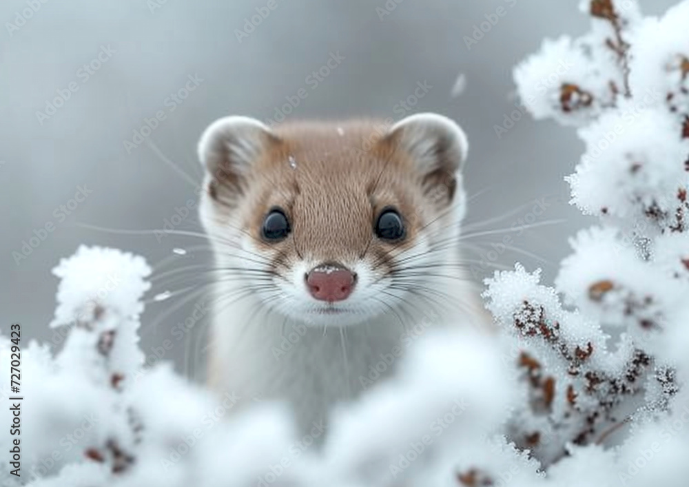 Winter Scout: Stoat in Snow, A stoat in its winter coat peers curiously ...