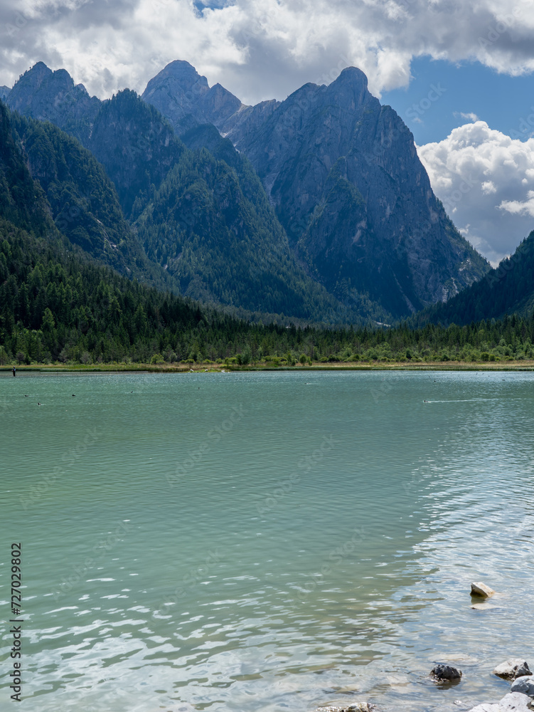 Amazing view of the famous Dobbiaco lake. Alpine lake. Italian Alps ...