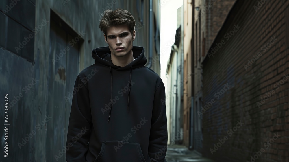 In a dimly lit urban alley, a tall and brooding male model confidently ...
