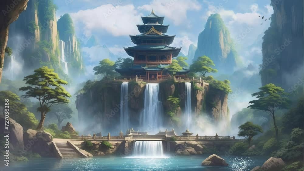 Anime background Temple of heaven with waterfall landscape. Generative ...