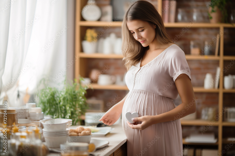 Pregnant woman wearing maternity clothes. White heart shape in hand ...