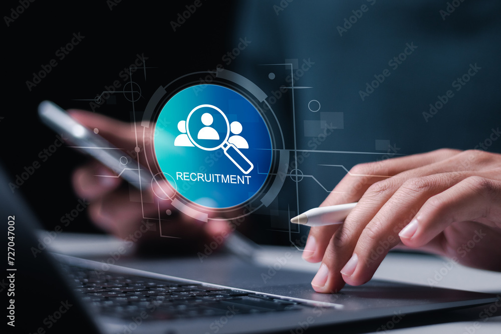 Fotka „Recruitment concept. Person use laptop with virtual recruitment ...