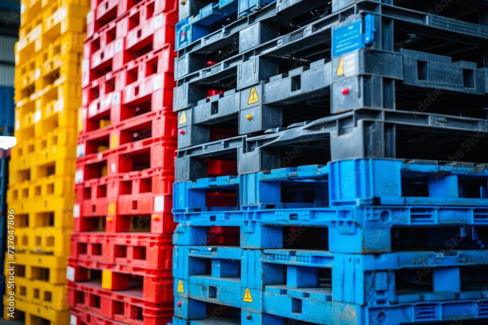 Pile of plastic shipping pallet. Industrial plastic pallet stacked at ...