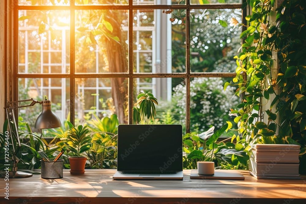 Modern home office with greenery and lots of green plants. Work life ...