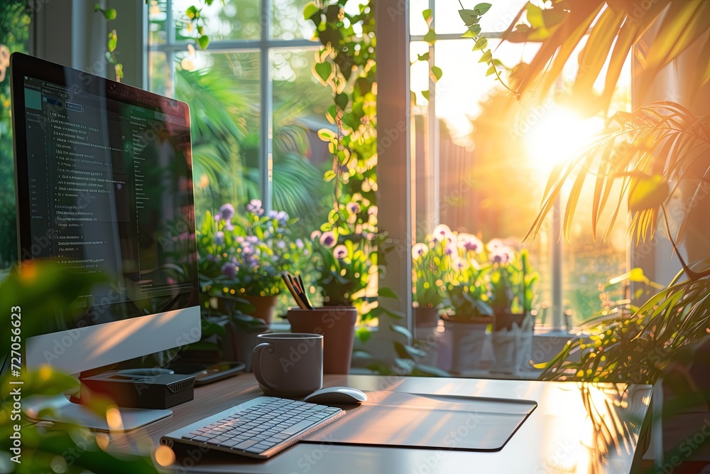 Modern home office with greenery and lots of green plants. Work life ...