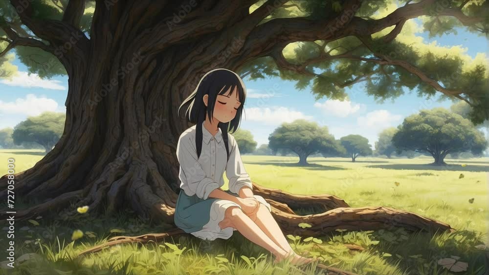 Cute anime girl sitting alone on the tree with butterfly. illustration ...