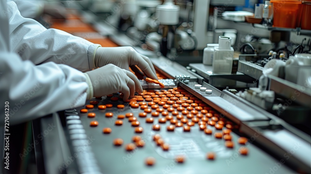 Modern drug manufacturing plant showcasing dynamic pills on conveyors ...