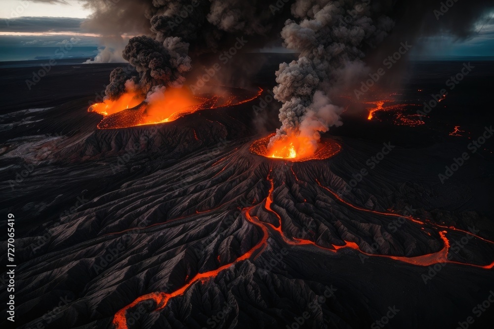 an aerial view of a volcano spewing lava into the air, magma and lava ...