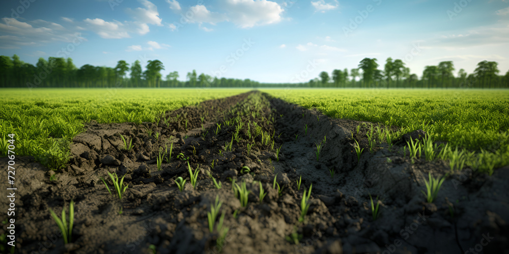 Agricultural field with young sprouts of grain culture and plowed ...