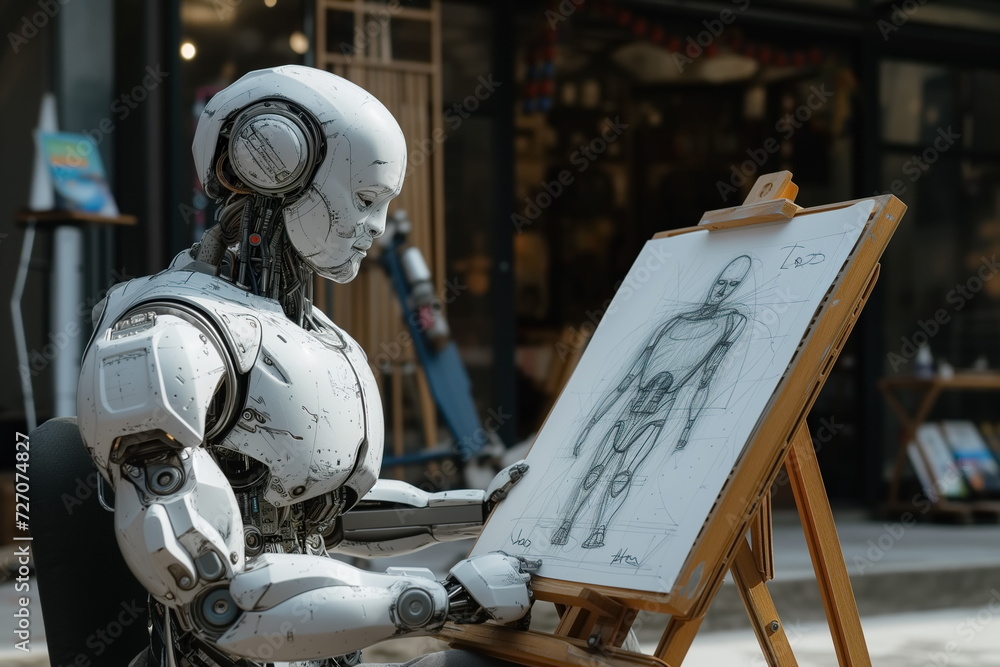 Robot Ai robot drawing on canva studio, Cyborg painting. Humanoid Robot ...