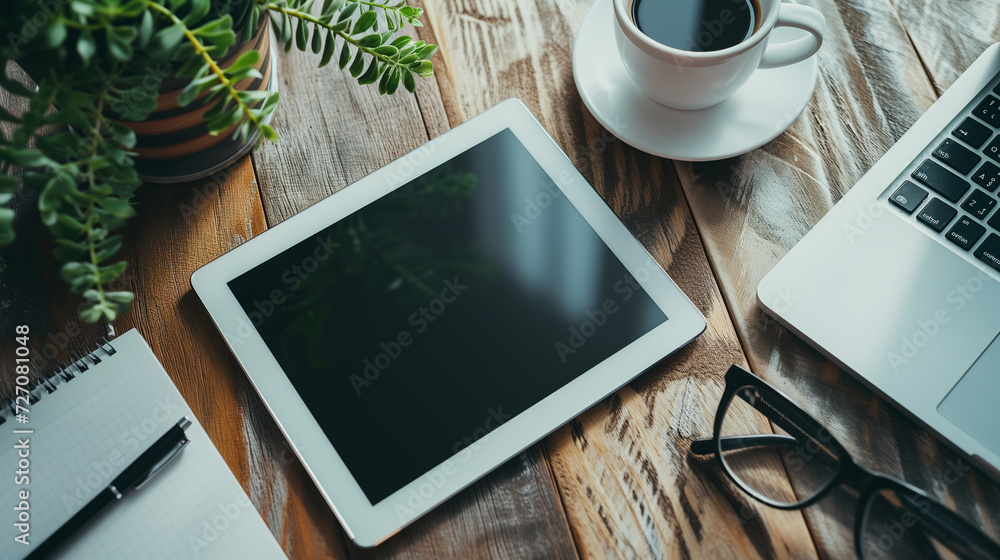 An efficient home office setup with an open laptop, tablet, coffee cup ...