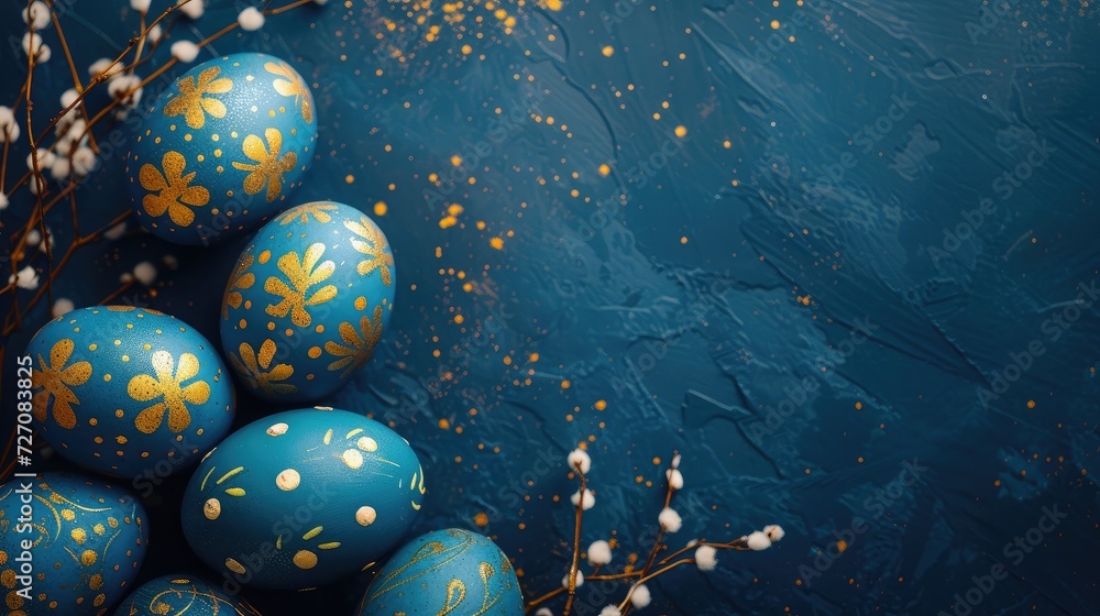 Beautiful painted blue easter eggs with golden decorations on dark blue ...