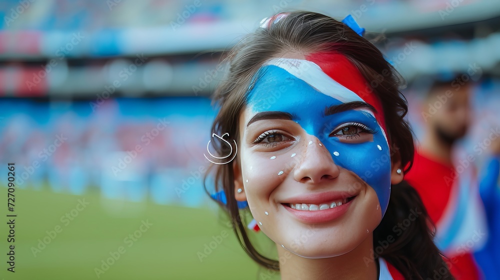 Dutch fan with painted flag face, cheering at match with blurry stadium ...
