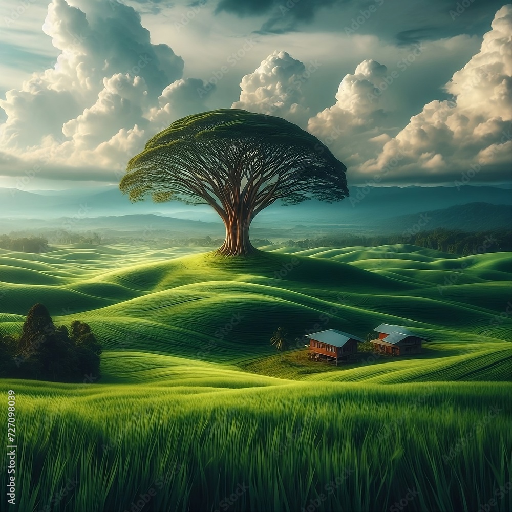 Green grass field, one very big tree as tall as a building, aesthetic ...