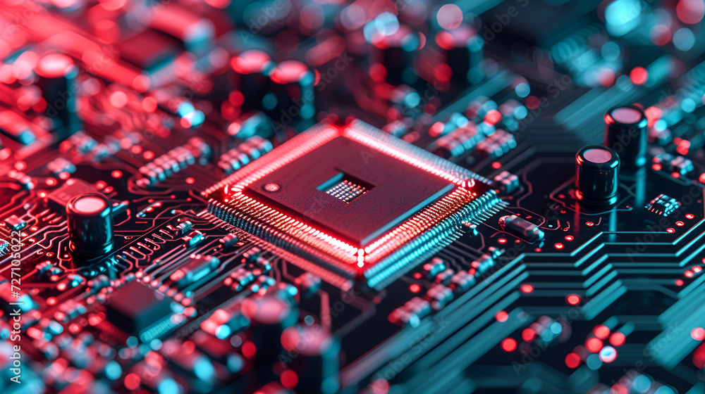 closeup of an advanced GPU ram microchip or cpu of a powerful computer board for artificial ...