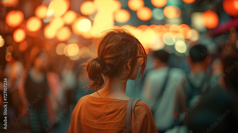 A woman with social anxiety blends into the blurred background of a ...