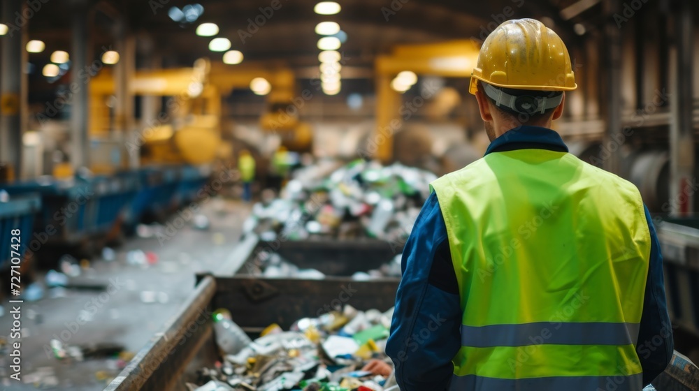 Male worker sorting trash material to be processed in a waste recycling ...