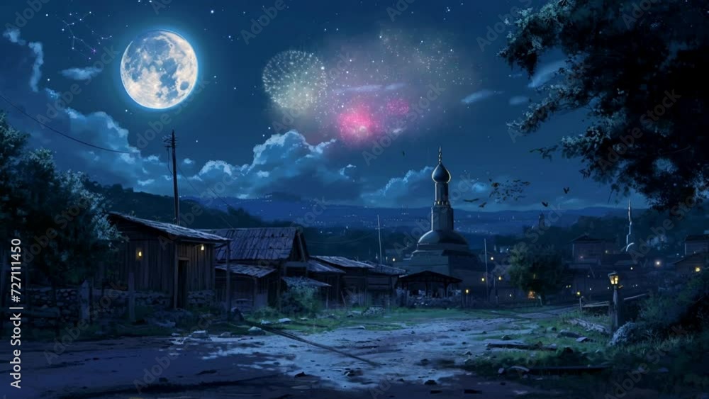 mosque in a quiet village at night with firework, loop video background ...