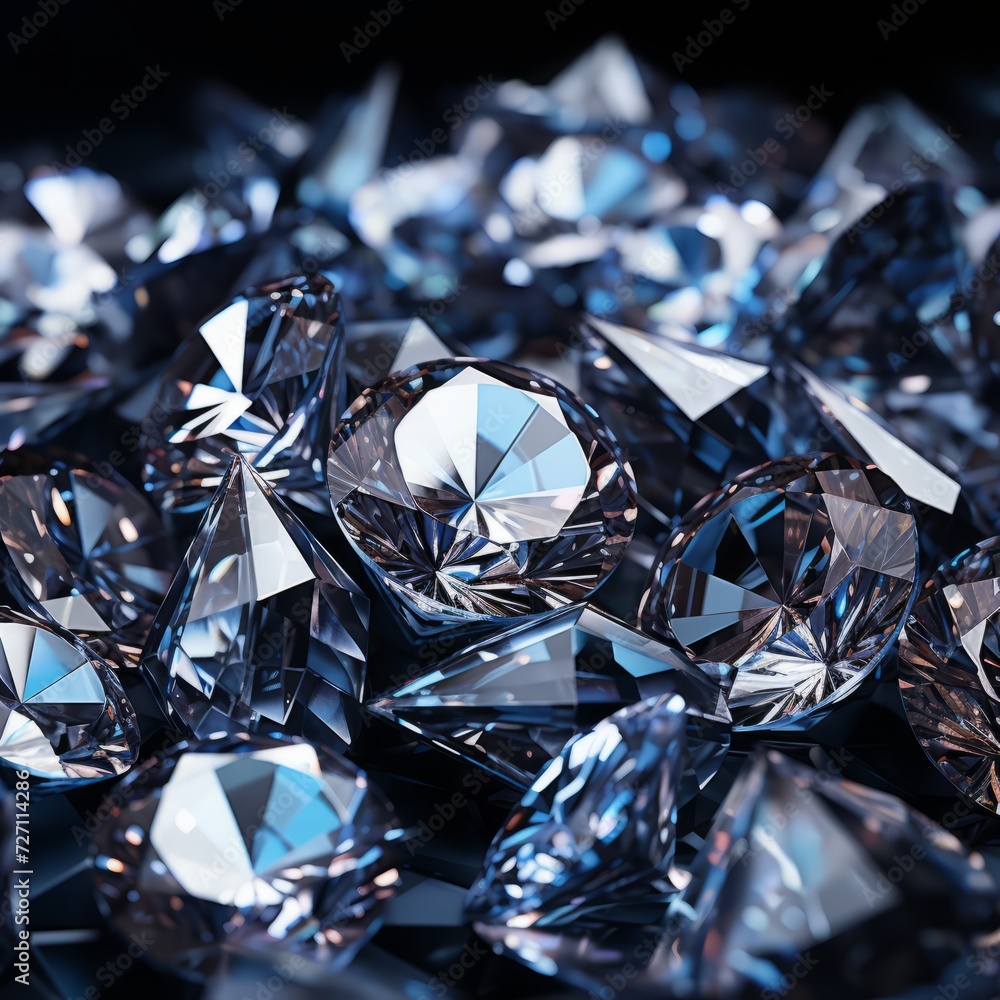 Big pile of blue diamonds on a black background. Ai generated image of ...