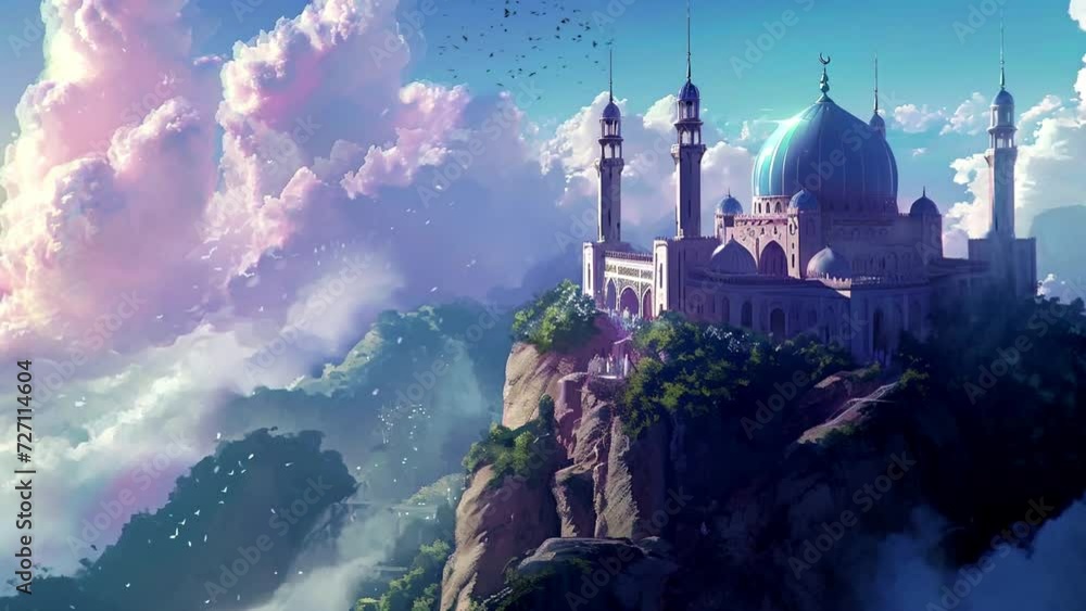 Vidéo Stock mosque on a mountain peak, loop video background animation ...