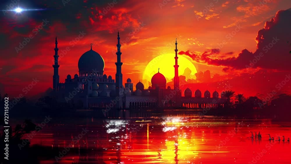 mosque is silhouetted against a fiery sunset, loop video background ...