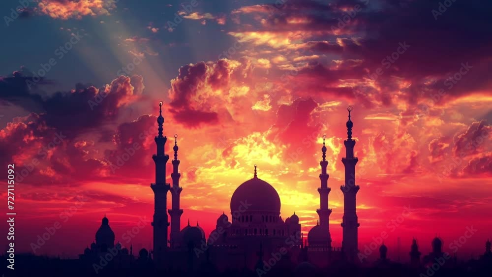 Vidéo Stock mosque is silhouetted against a fiery sunset, loop video ...