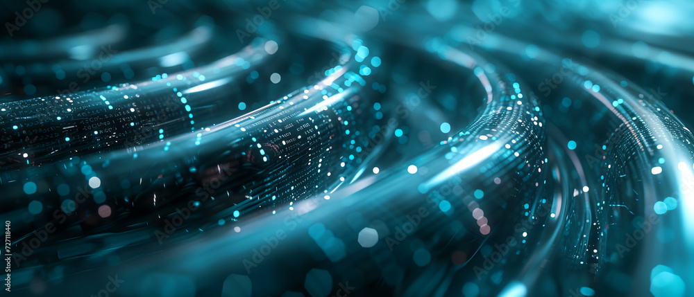 abstract wire cable tunnel with digital binary data transmitting. Depth of field effect. Inside ...