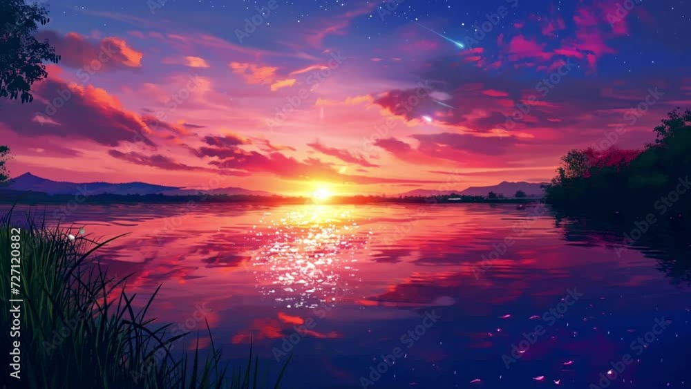 sunset over a calm lake, loop video background animation, cartoon anime ...