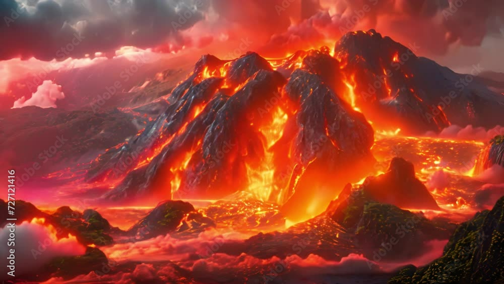 Volcanic eruption. Red glowing lava flows from a volcano. View of the ...
