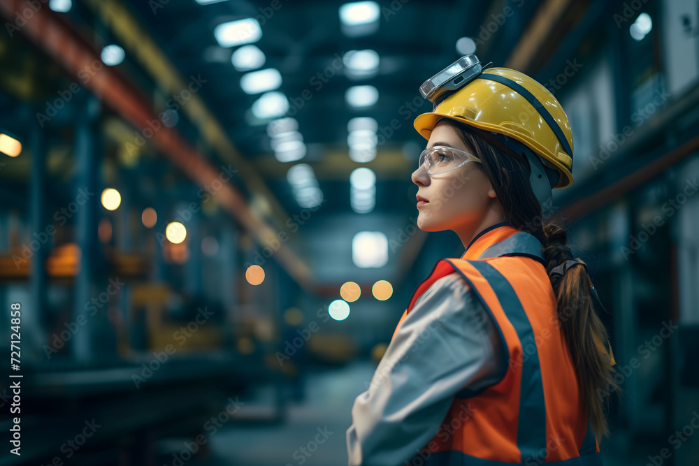 A young female engineer with a vigilant gaze oversees the operations on ...