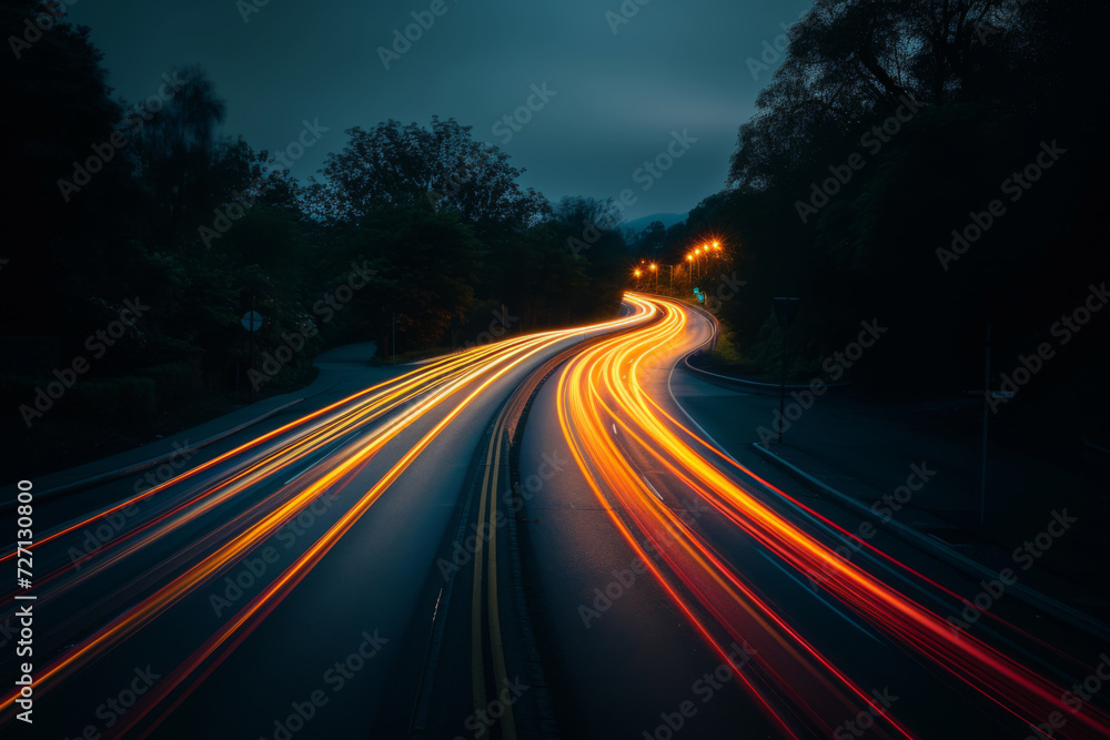 At dusk, the car's light rail lights up on the rural highways. Stock ...