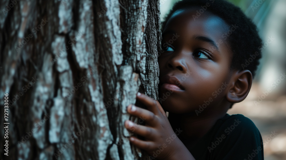 Young black african american child hugging tree living sustainably ...