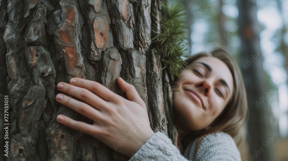 Happy World Earth Day concept. Young tree hugger female hugging a tree ...