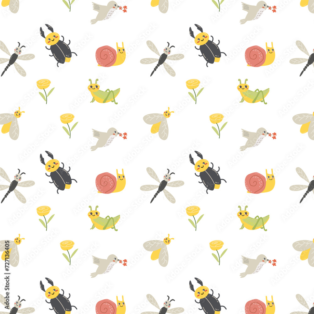 Cute insects dragonfly and beetle bug, snail background. Vector ...