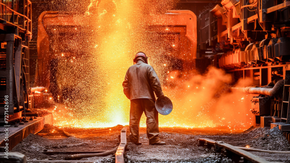 Industrial worker in protective gear at a steel mill, overseeing the ...
