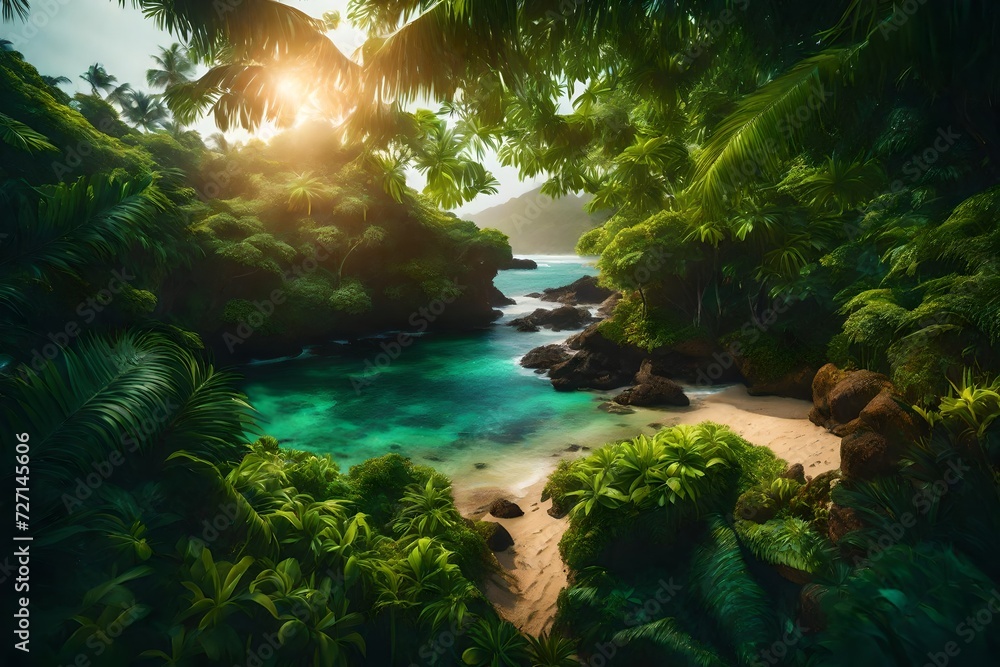 A paradisiacal beachside scene featuring vibrant greenery and sunlight ...