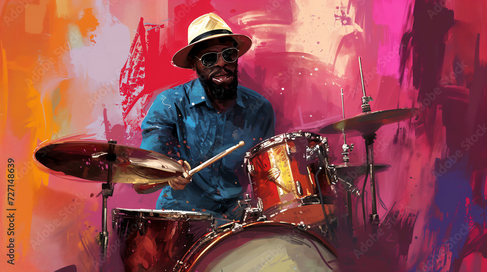 Afro-American male jazz drummer musician playing a drum kit in an ...