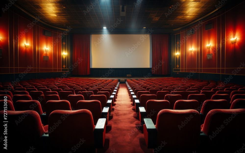 Empty cinema theater with red seats, curtains and a blank white screen ready for the audience to ...