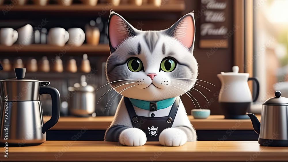 Cute cat in a cafe. Cartoon cat barista. Generative AI Stock Photo ...
