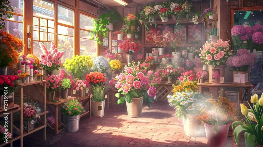 Valentine's setting in a flower shop, loop video background animation ...