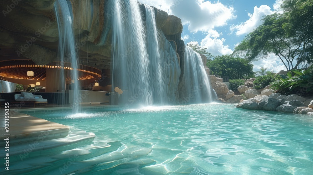 Shot of luxurious swim up bar with waterfalls in the background ...