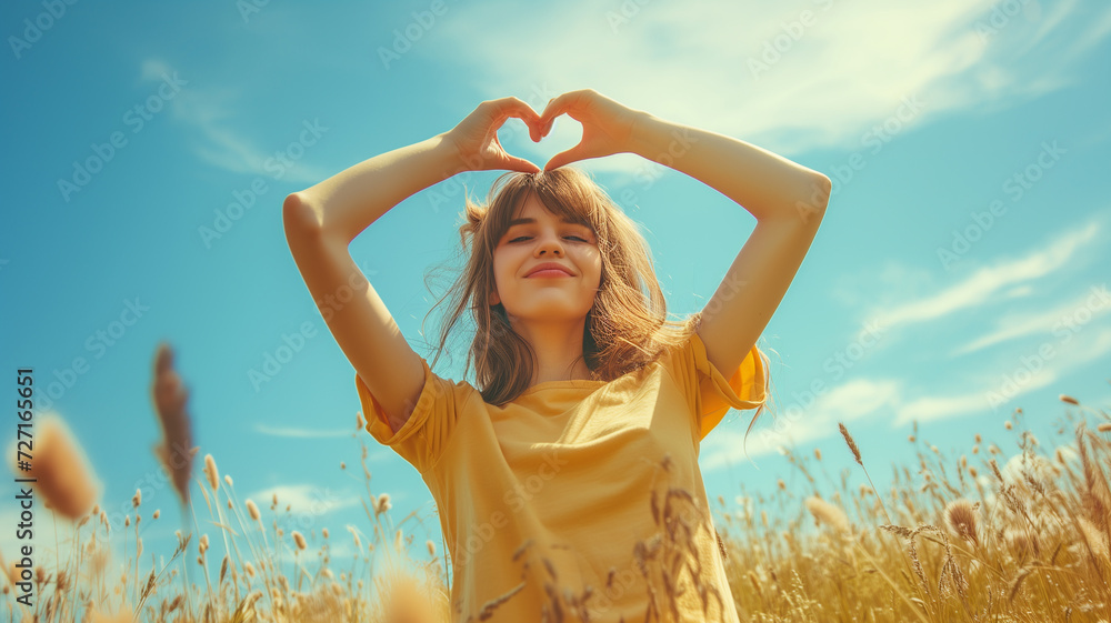Beautiful young woman making her hands in heart shape demonstrates love ...