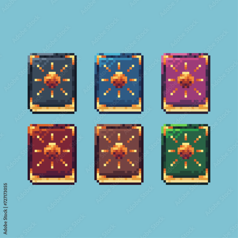 Vetor de Pixel art sets icon of spell book of sun logo variation color ...