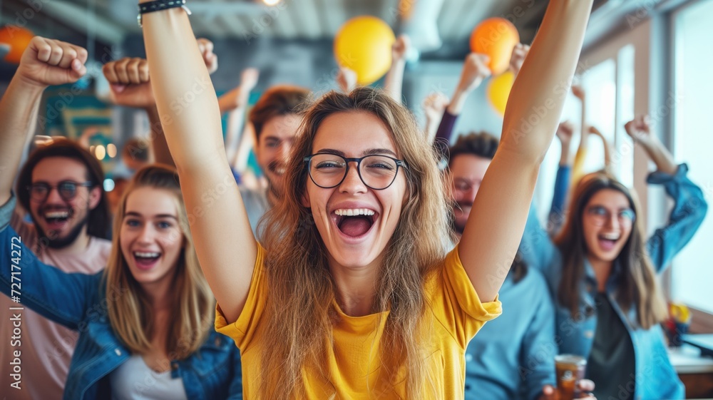 joyful young woman in a yellow T-shirt, raising her hands in the air as ...