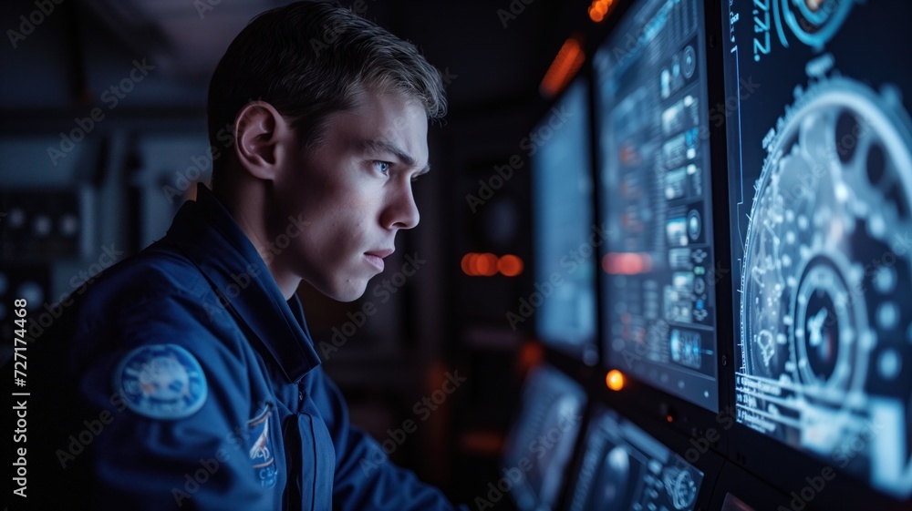 man in a dark room looking intently at numerous monitors displaying ...