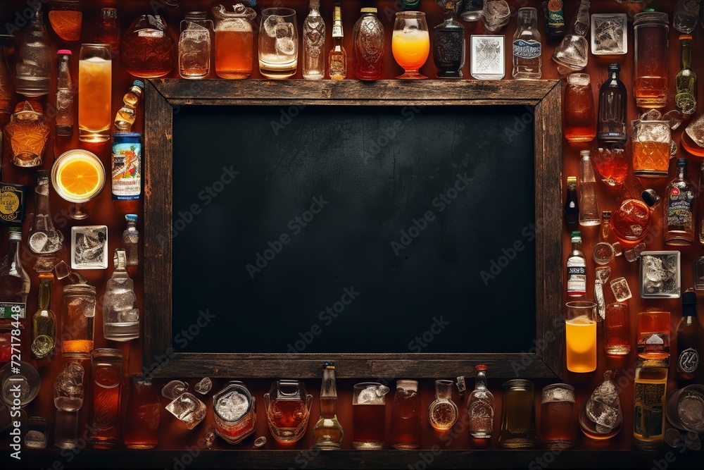 beverage frame background with bottles frame of drink and black empty ...