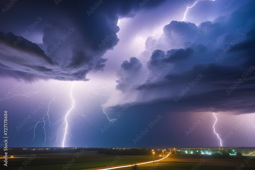 Blue and purple lightning bolts strike the ground during a powerful ...