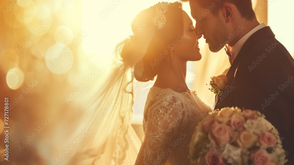 A young happy couple in love, the bride and groom, kissing. The wedding ...
